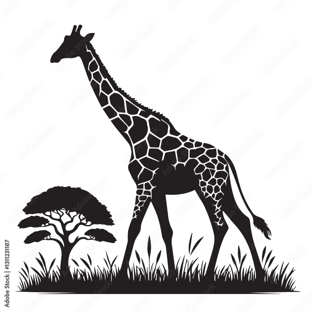 giraffe silhouette vector illustration, Silhouettes set of African wild ...