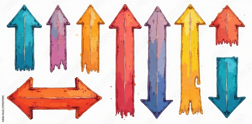 Fifty-five unique cut-out arrows, hand-drawn; varying sizes and styles ...