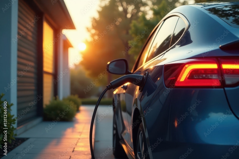 Illustration Stock Electric car plugged into home charger, modern facade , design, building ...