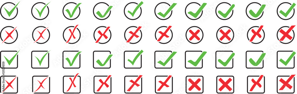 Check mark icon button set. Check box icon with right and wrong buttons and yes or no checkmark ...