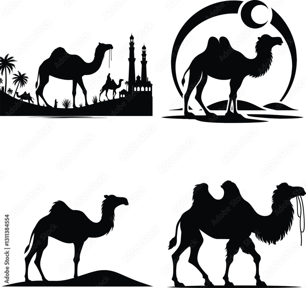 Camel Silhouette Vector | Desert Animal Illustration | Arabian Nomad Travel Logo | Black and ...