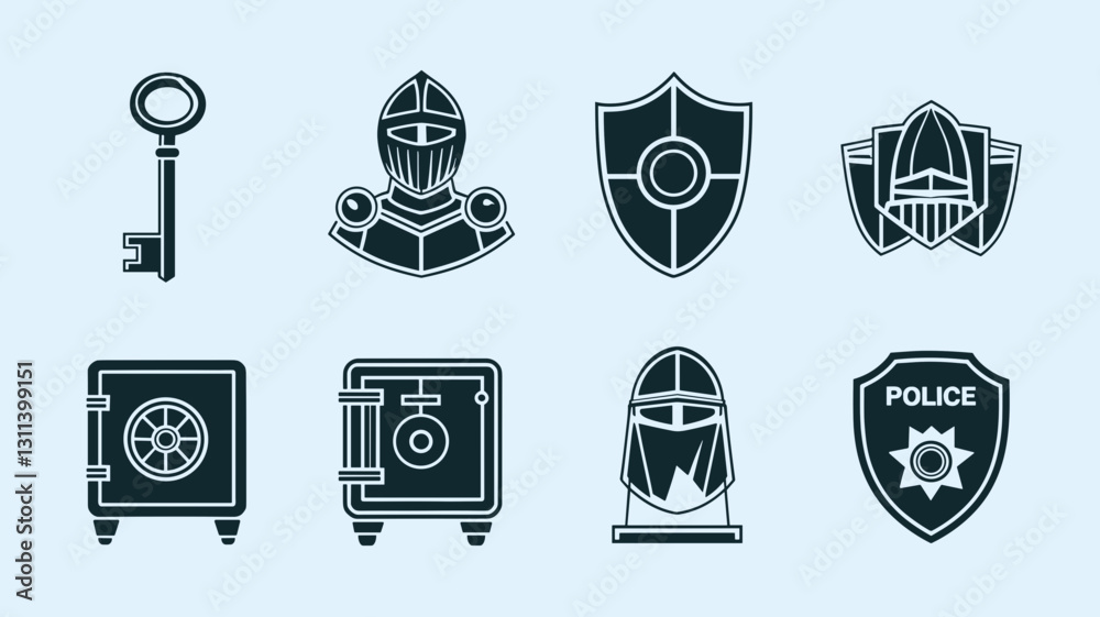 Vector Icon Set of Security Symbols: Key, Shields, Armored Knight, Safe ...