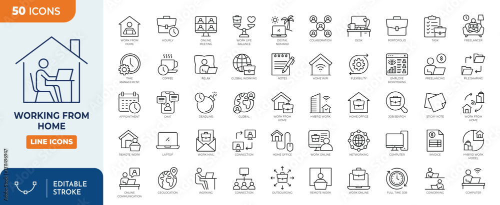 Working from home line editable icon set. Contains icons related to ...