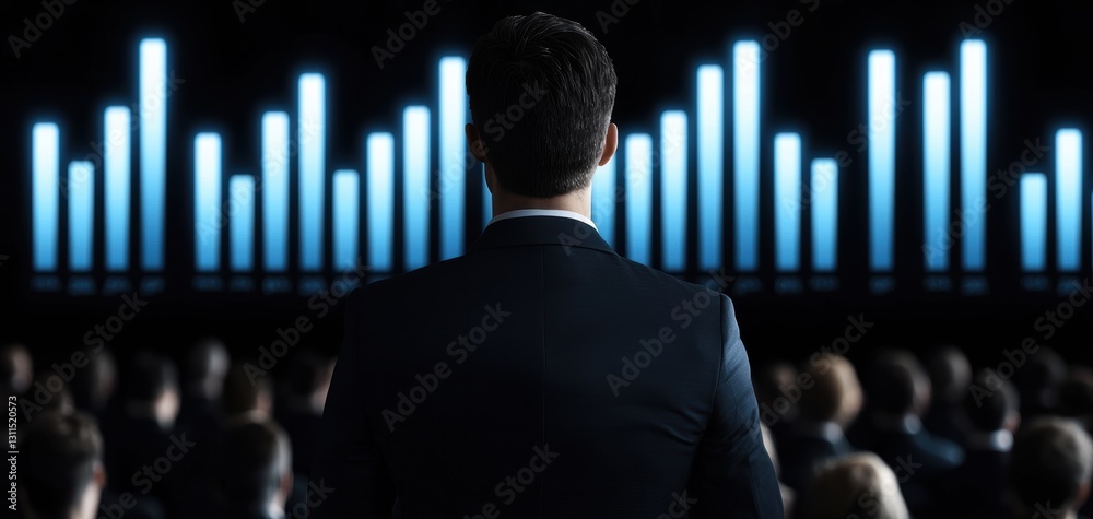 Speaker addressing a crowd at a business conference, with a big screen ...