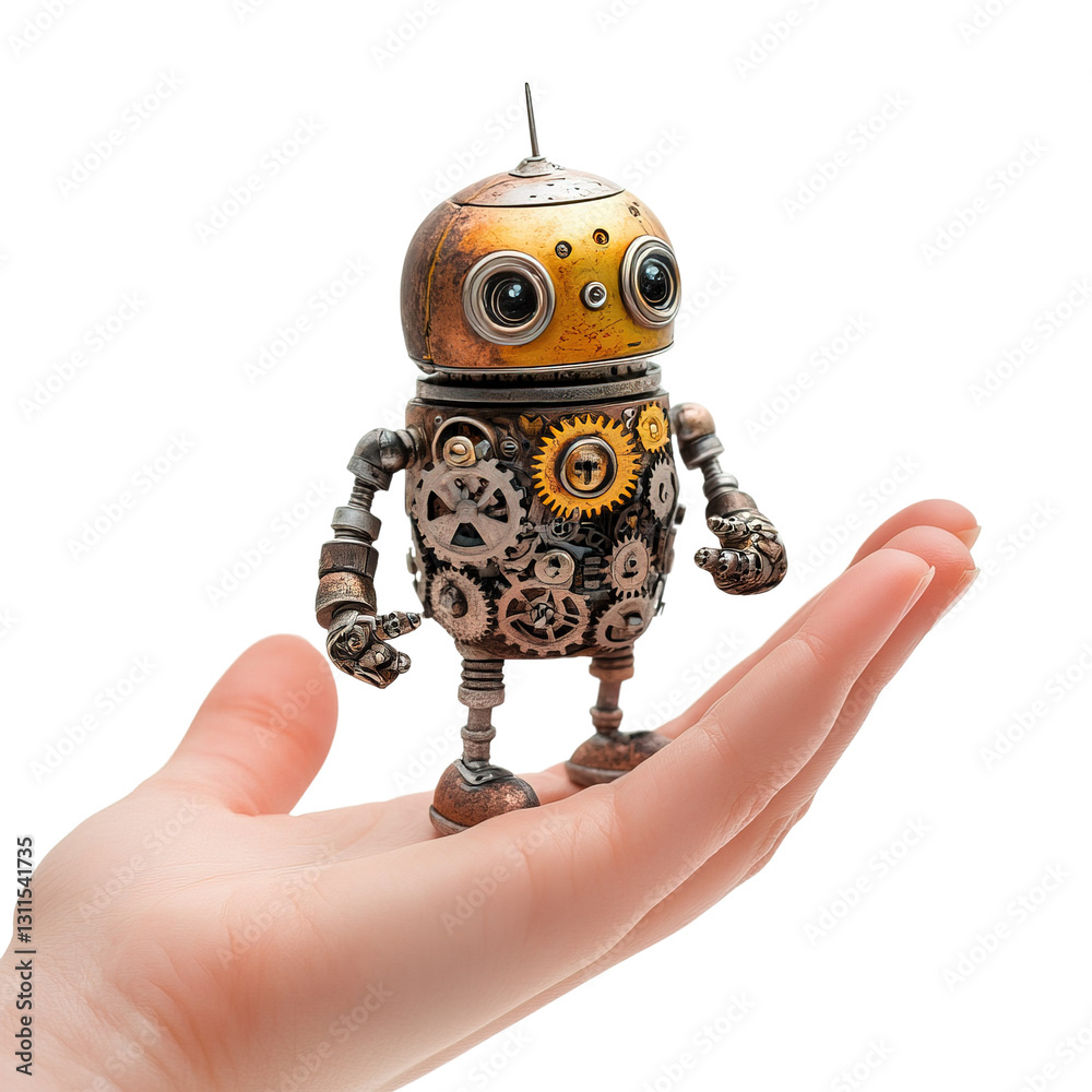 Robot on the palm of your hand isolated on a white background. Overlays ...