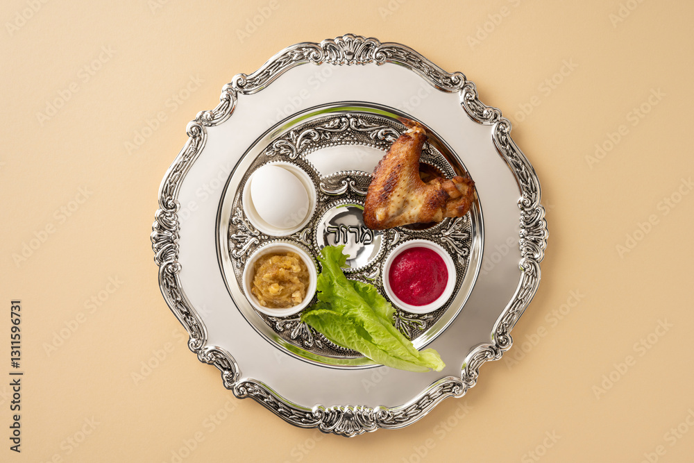 Passover Seder plate featuring symbolic items including a shank bone ...