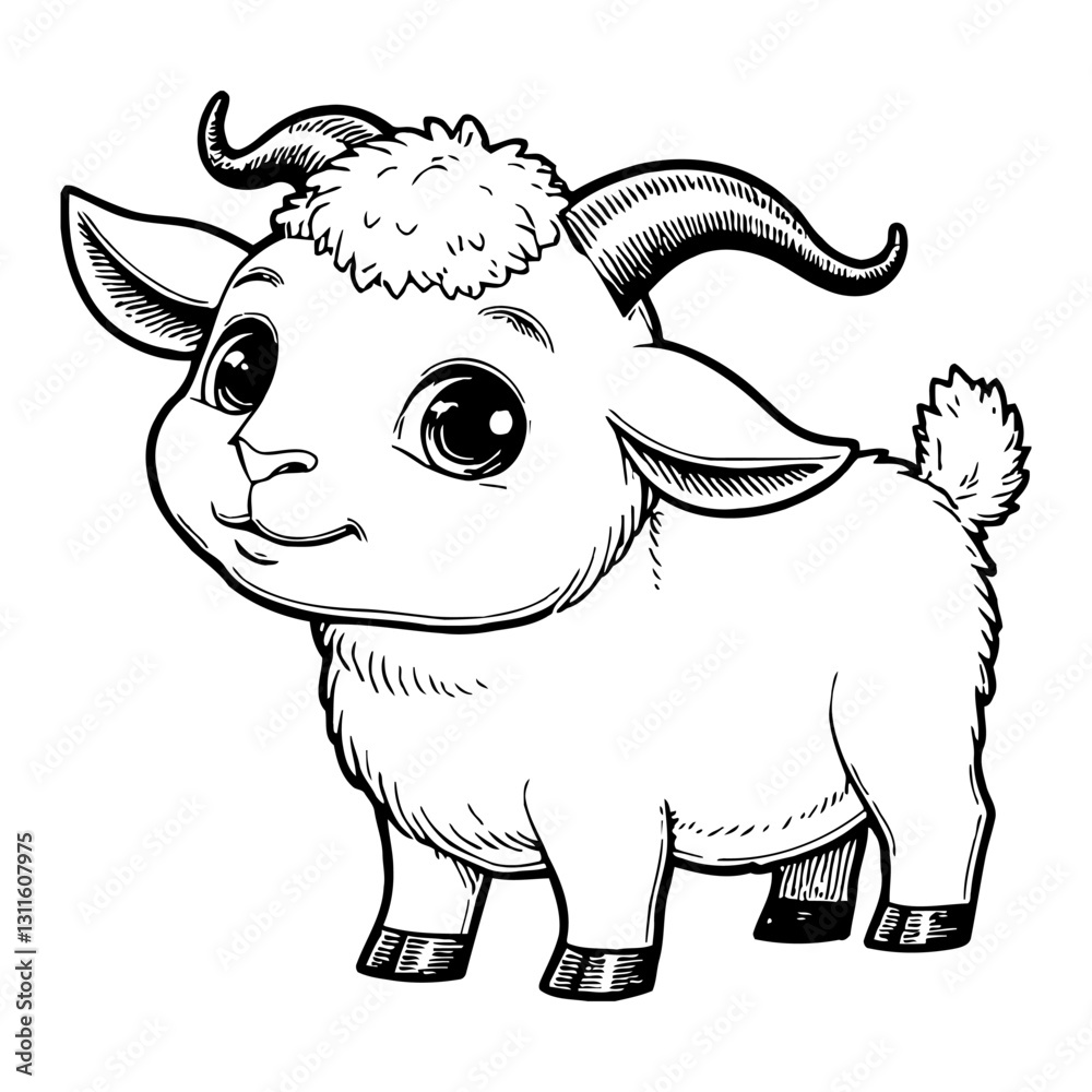 Cute Chibi Goat Cartoon Illustration Detailed Black and White Outline ...