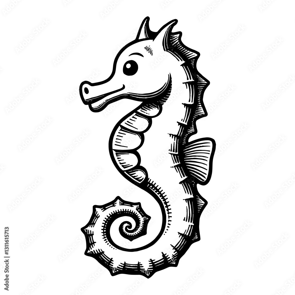 Cute Happy Seahorse Cartoon Chibi Illustration Black and White Outline ...