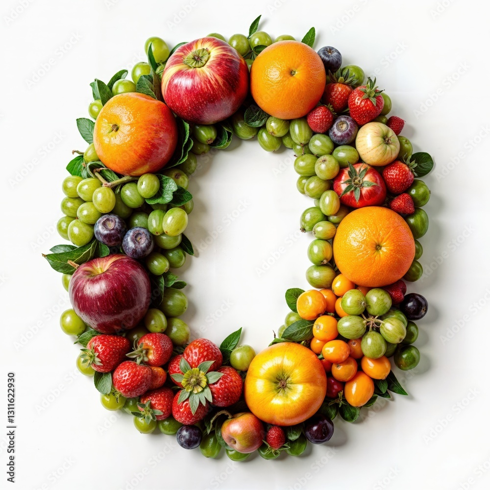 Number zero made from a variety of fresh fruits and vegetables, vibrant ...