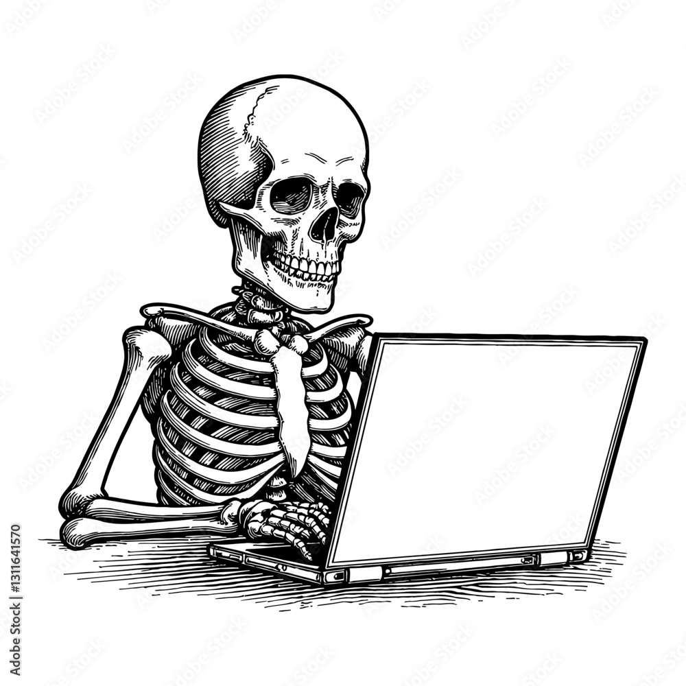 Skeleton Working in Front of Laptop Detailed Anatomy in Black and White ...