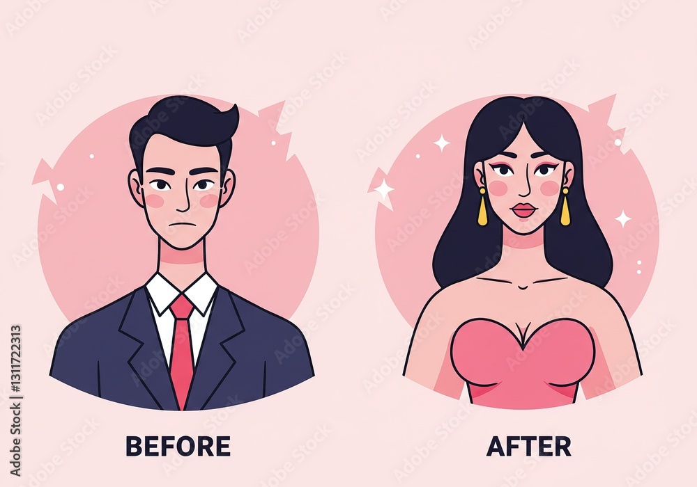 Gender Transformation Cartoon Illustration: Before and After Vector Art ...