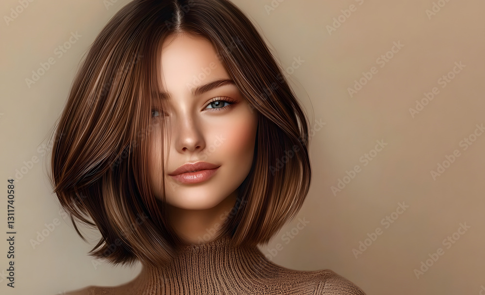 Beautiful model woman with shiny brown and straight hair .Short ...