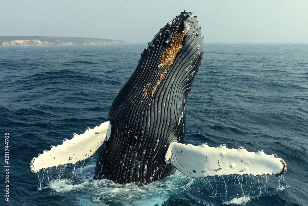 Magnificent humpback whale surfacing in ocean waters, with a head full ...