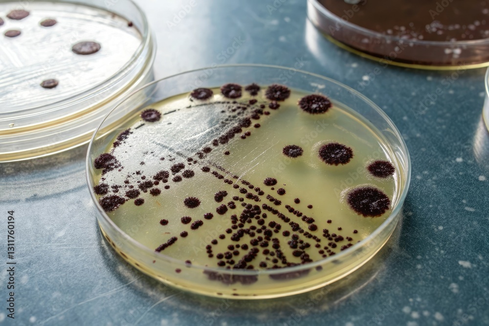 Microbial growth on agar surface with dense dark colonies of Shigella ...