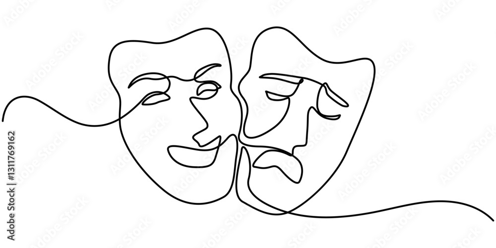 theater mask tragedy and humor oneline continuous line art, Theater ...
