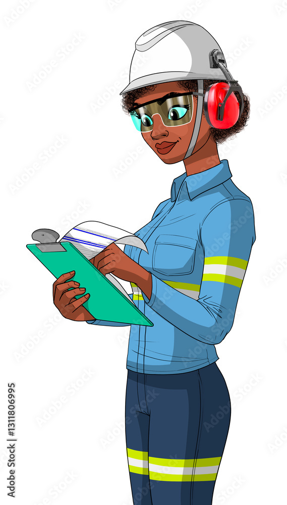 Female worker holding a clipboard with forms, wearing all PPE ...