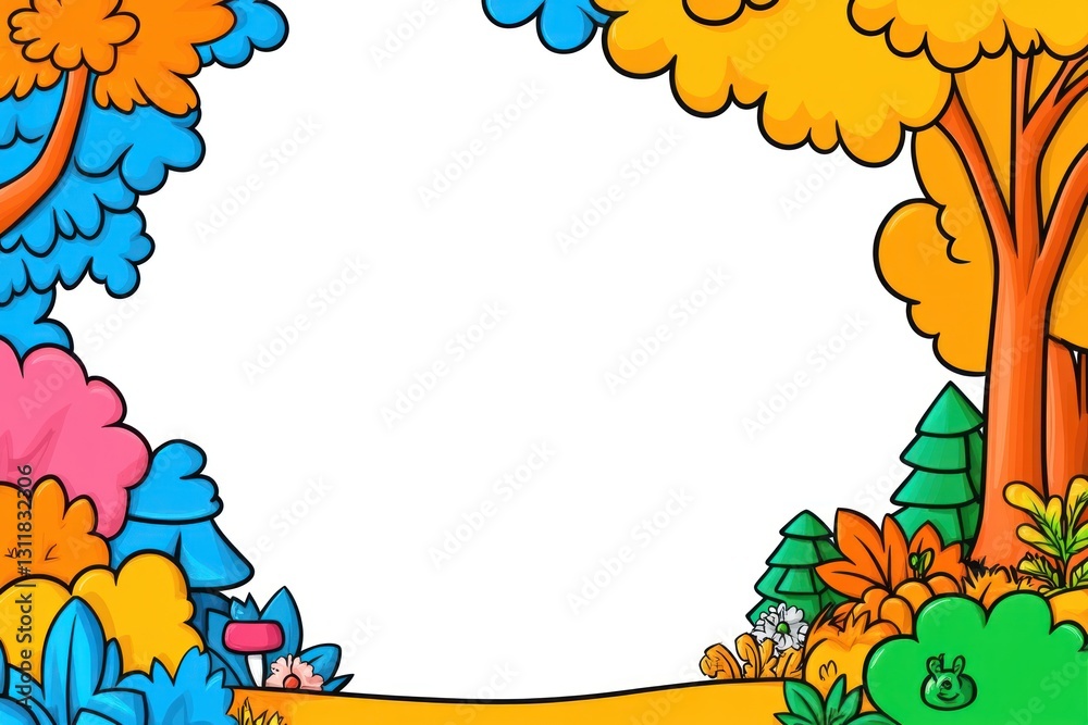 Whimsical cartoon forest frame with colorful trees and undergrowth ...