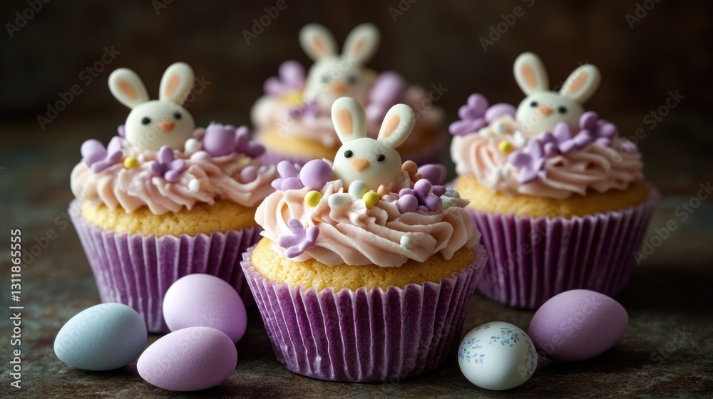Easter cupcakes with bunny decorations and pastel flowers. Easter ...
