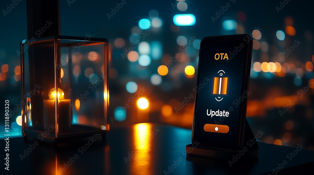 Smartphone displaying OTA update process on screen at night indoors ...