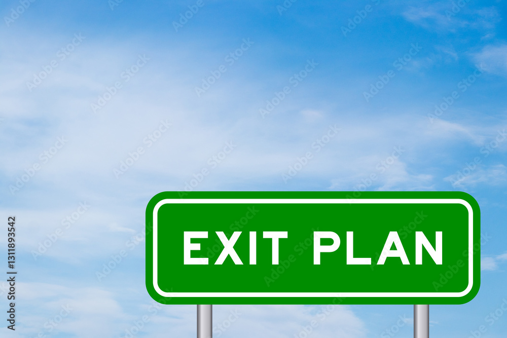 Green color transportation sign with word exit plan on blue sky with ...