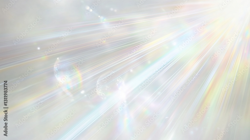 Iridescent white background with rainbow light rays and prismatic lens ...