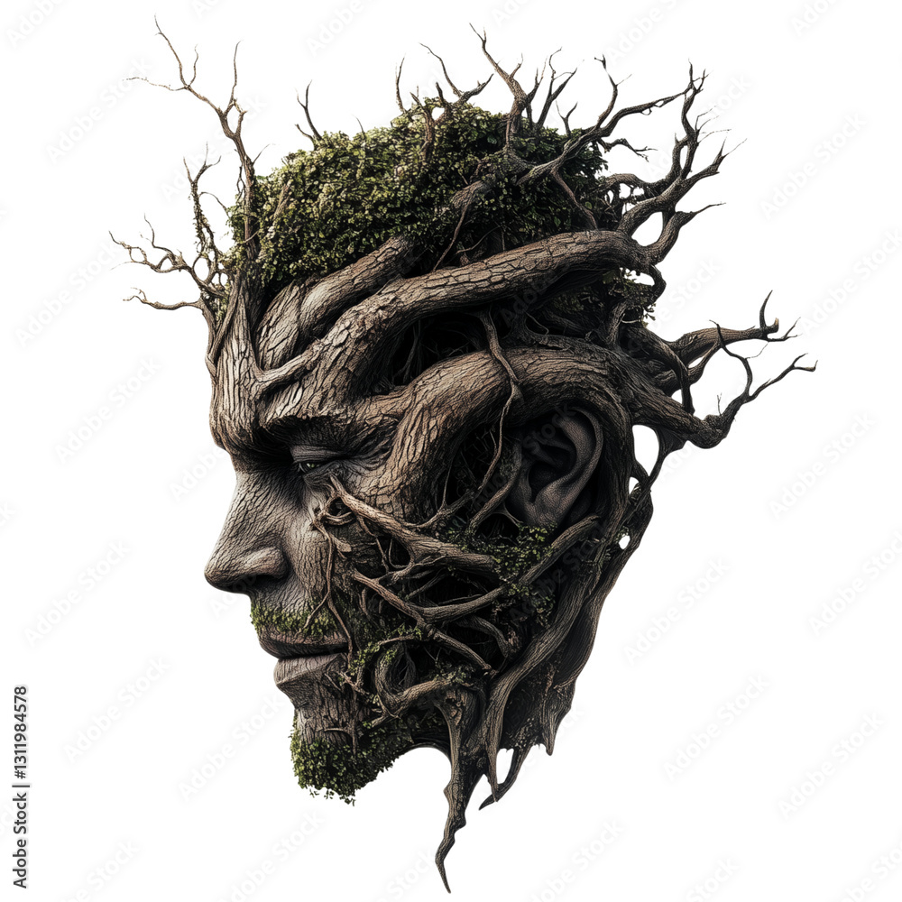A stunningly detailed real photo of a humanoid tree spirit, its facial ...