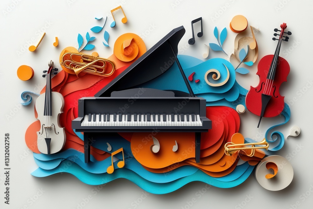 Musical notes and instruments create dynamic paper craft design ...