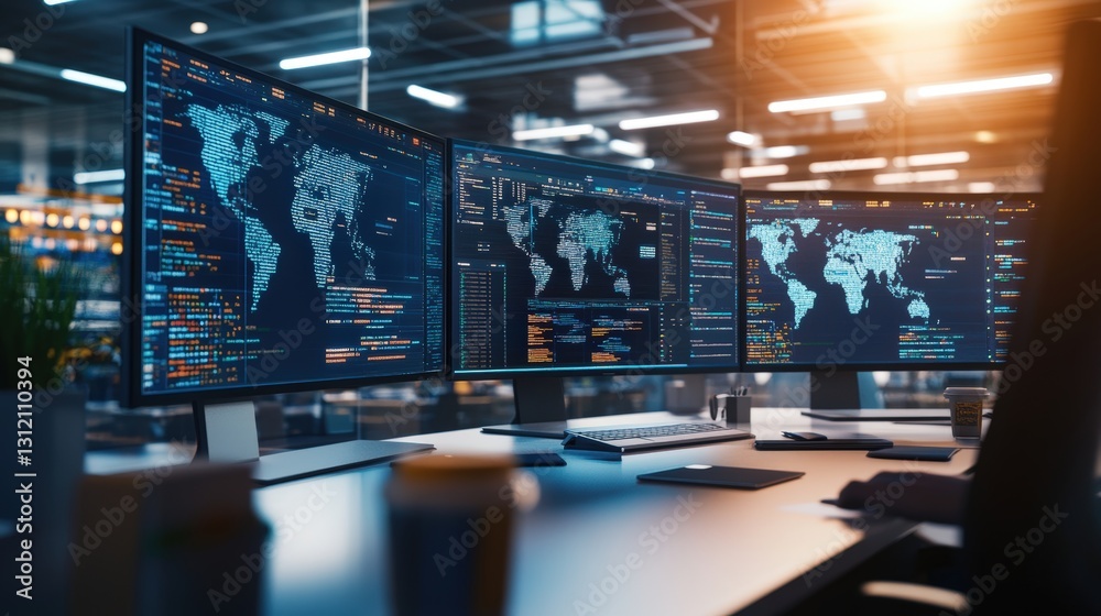 Computer screen displaying a detailed world map with geographic data ...