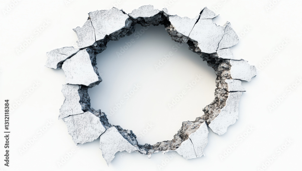 circular hole in cracked concrete, revealing blank space behind ...
