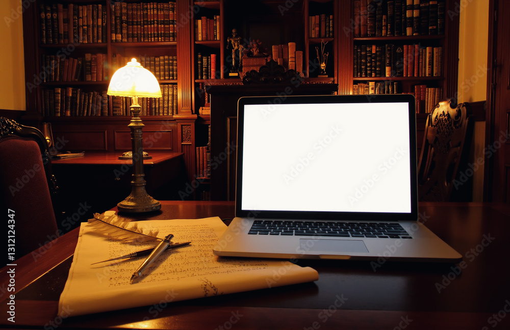 Laptop with a blank white screen sits on a beautifully carved antique ...