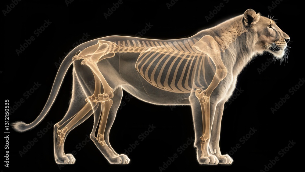 Lioness skeletal structure, translucent overlay on black background ...