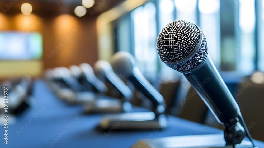 row of wireless conference microphones is set up business meeting room ...