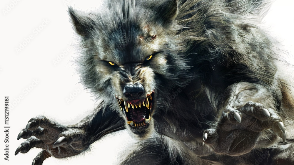 realistic scary werewolf with wild appearance, isolated on a white ...
