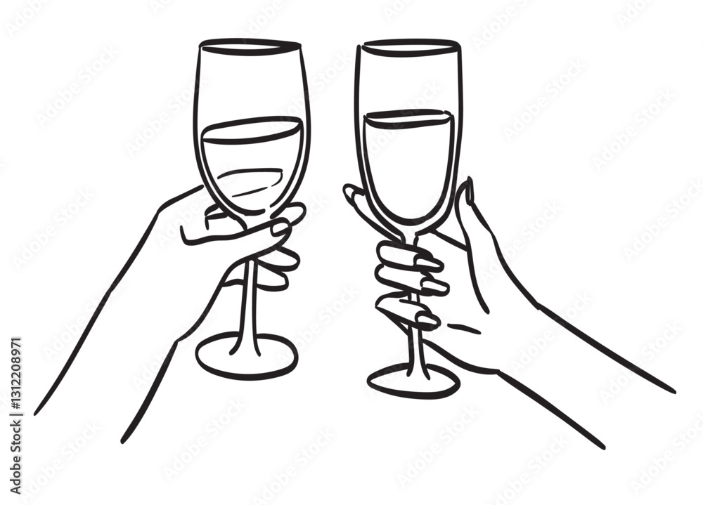 Wine or champagne glass clinking vector illustration. Cheers ink line ...