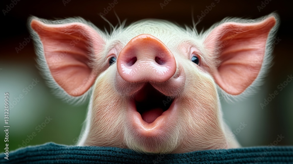 Pig with its mouth wide open and its eyes closed. The pig is smiling ...