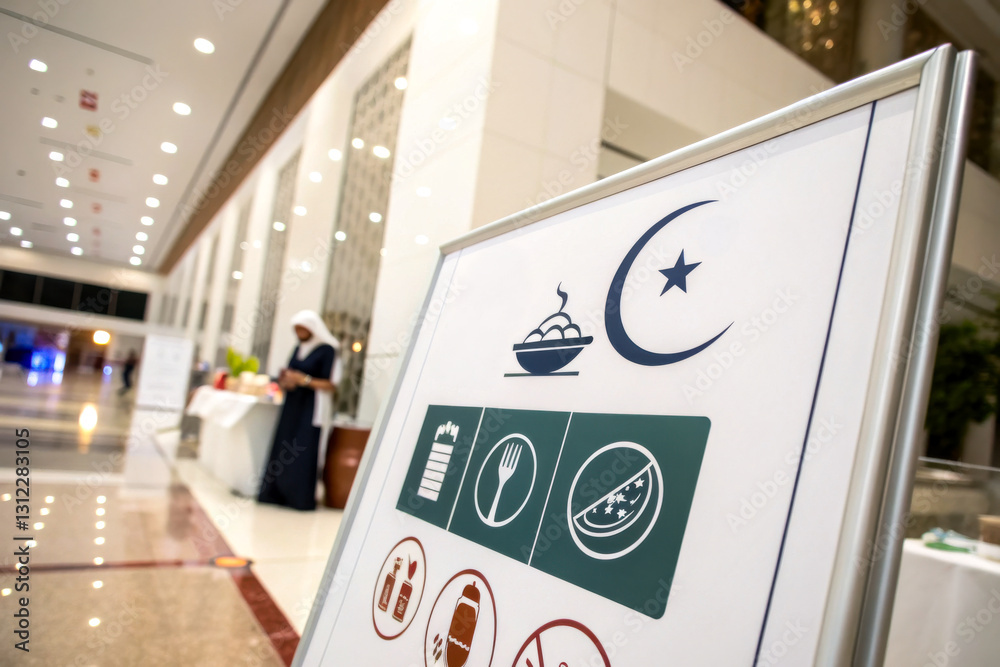 A sign in a hotel lobby depicts dining options and restrictions, with ...