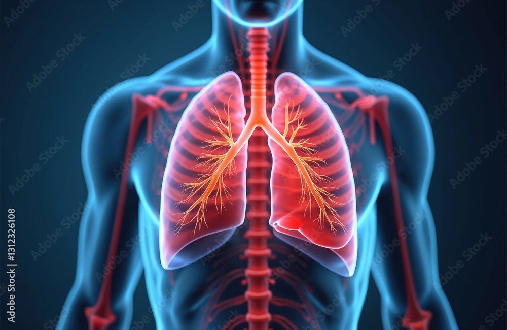Illustration of human body with red lungs. Chest view showcases ...