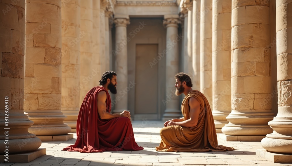 ภาพถ่าย Stock Ancient Greek philosophers discuss near stone columns ...