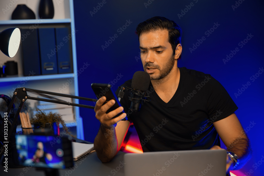 Broadcaster talking to listener on live streaming online with blurred ...