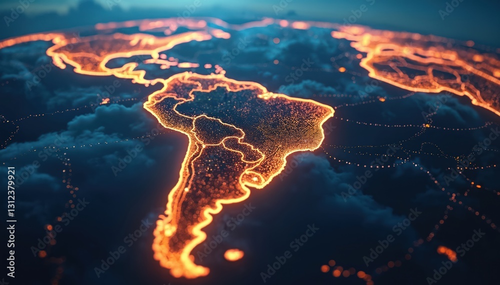 Illuminated world map with glowing pathways connects cities in Latin ...