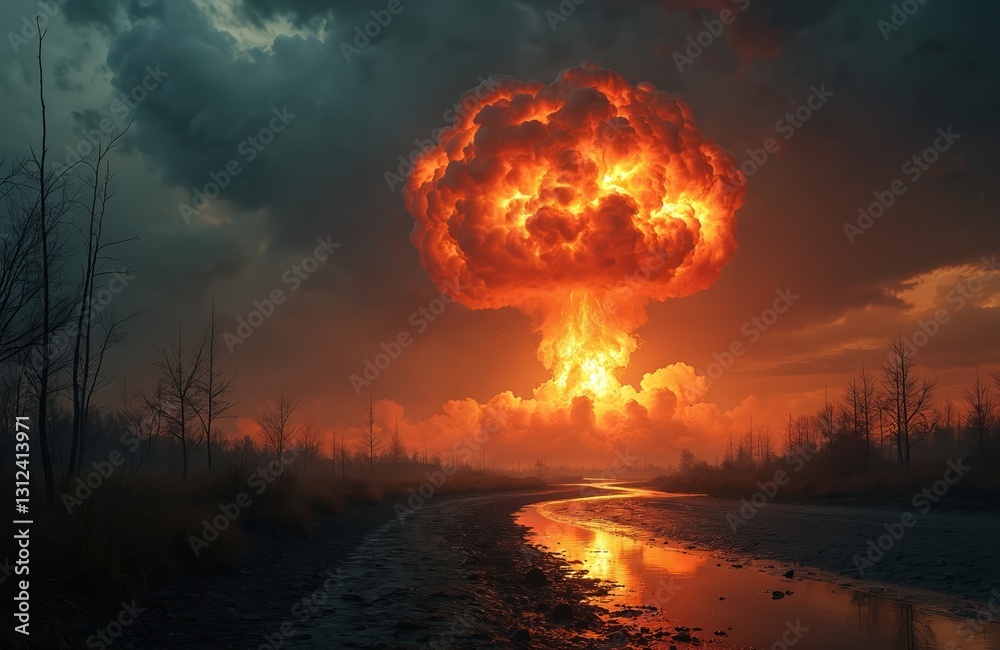 Scary big nuclear explosion. Mushroom cloud, fire in dark sky. Atomic weapons, apocalypse ...