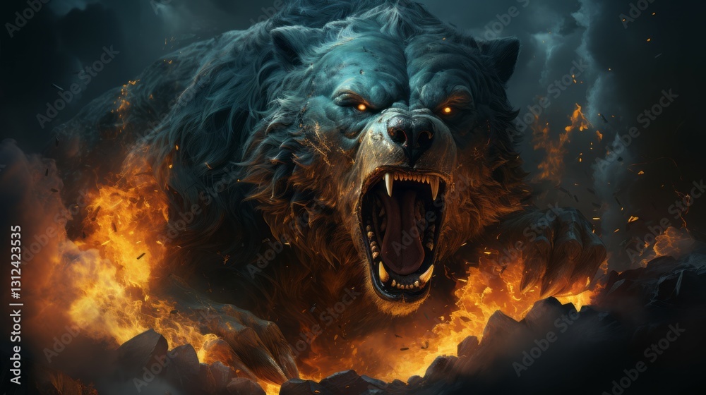 Furious bear in the fire of destruction. Angry furry brown bear with a ...