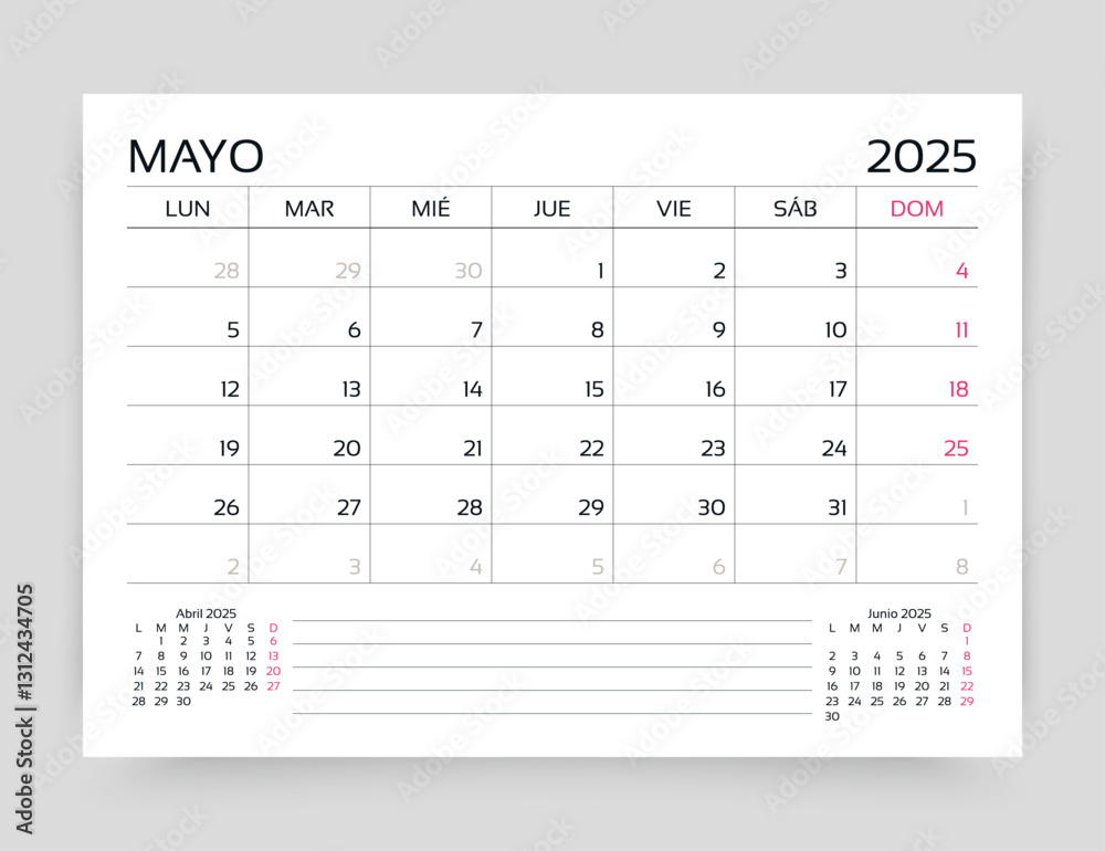 Calendar for May 2025 year in Spanish. Planner calender template. Desk ...