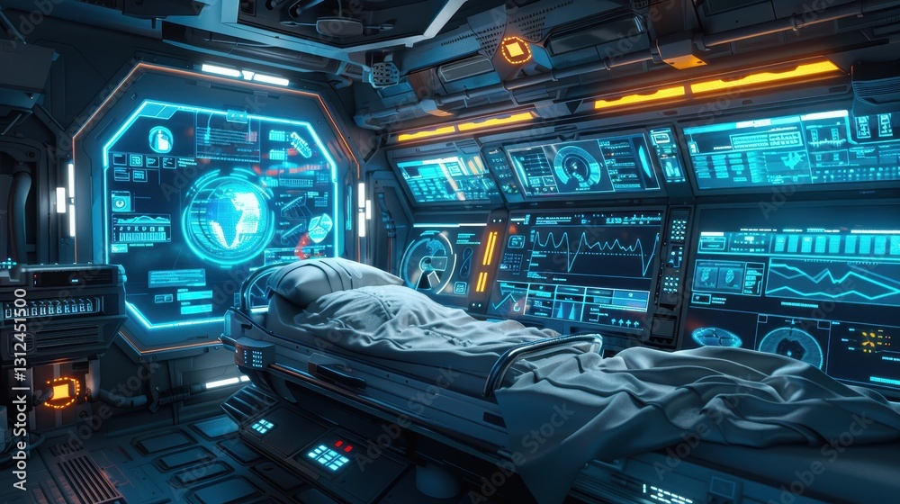 Medical readouts on cryogenic stasis pod control panel futuristic lab ...