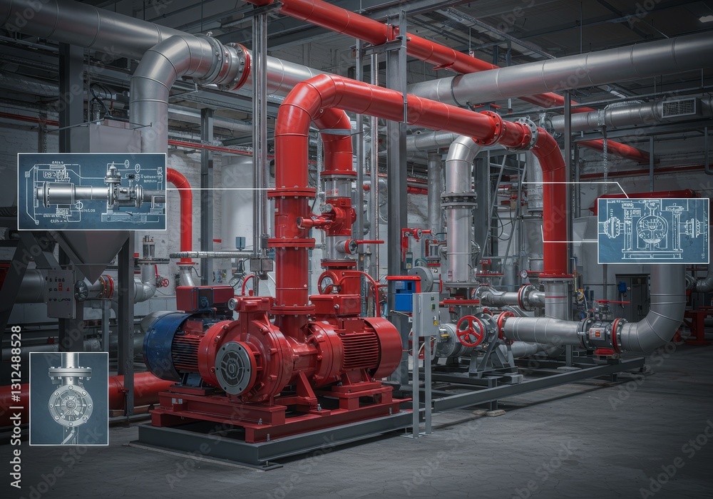 Industrial Fire Pump System - A detailed view of a fire pump system in ...