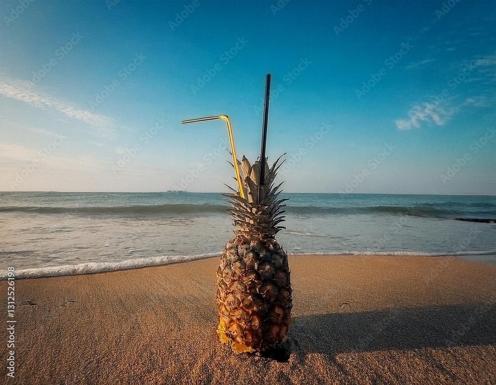 Piña colada en un piña en la orilla de una playa paradisiaca de aguas ...
