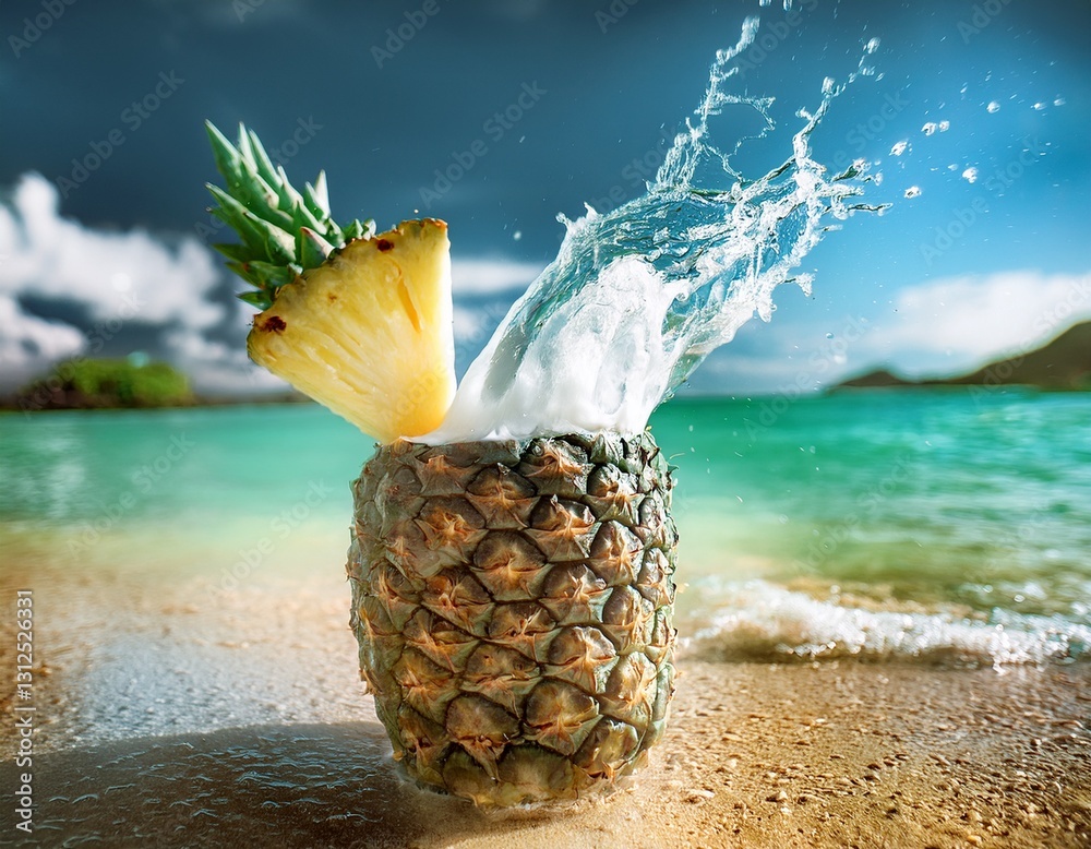 Piña colada en un piña en la orilla de una playa paradisiaca de aguas ...