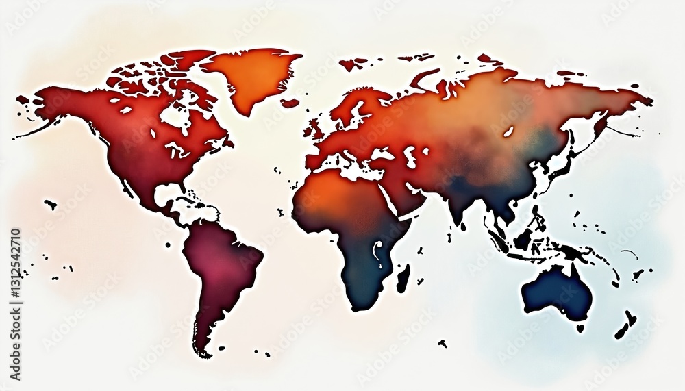 Watercolor world map illustration features continents in multiple ...