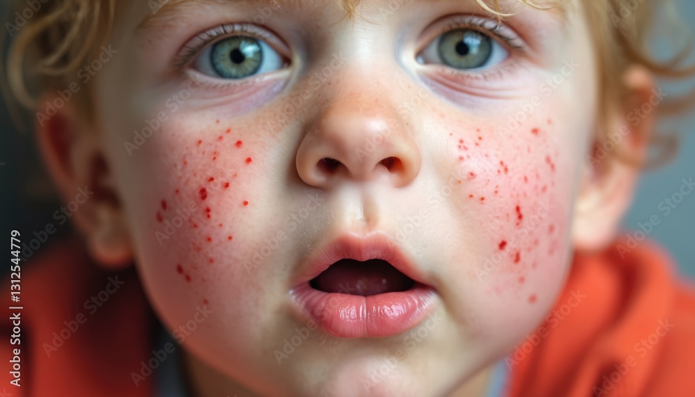 Close-up boy face with red spots near mouth. Skin irritation and ...
