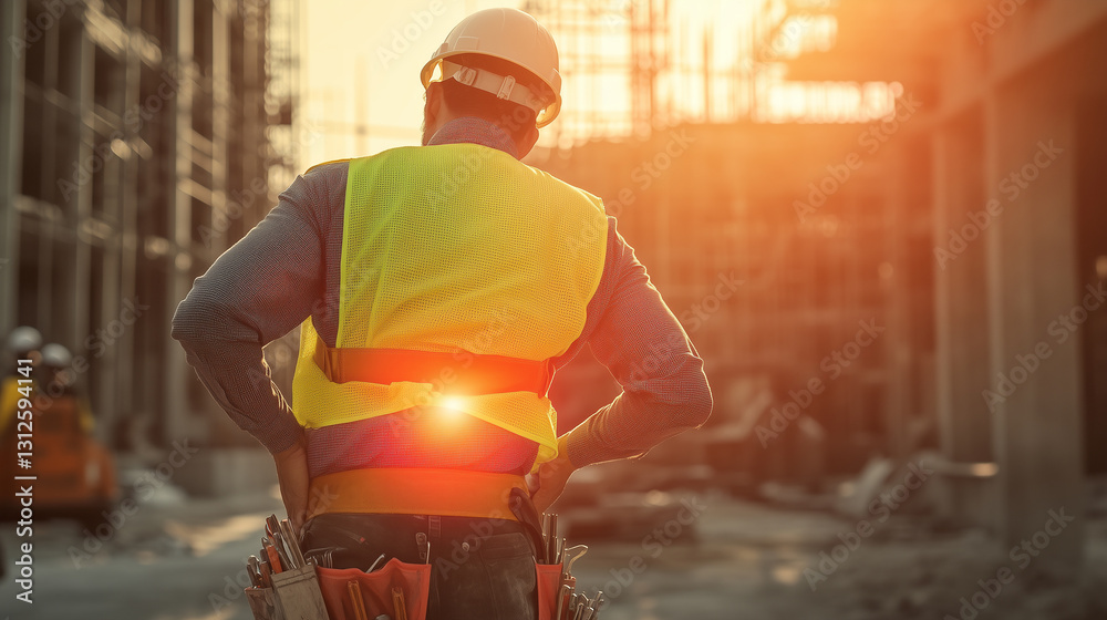 Construction worker holding his lower back in pain at a job site ...